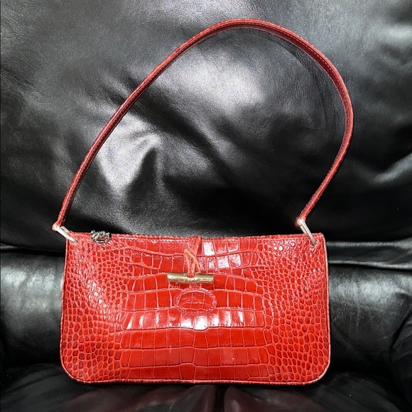 Longchamp | Bags | Longchamp Roseau Red Croc Embossed Leather Shoulder ...
